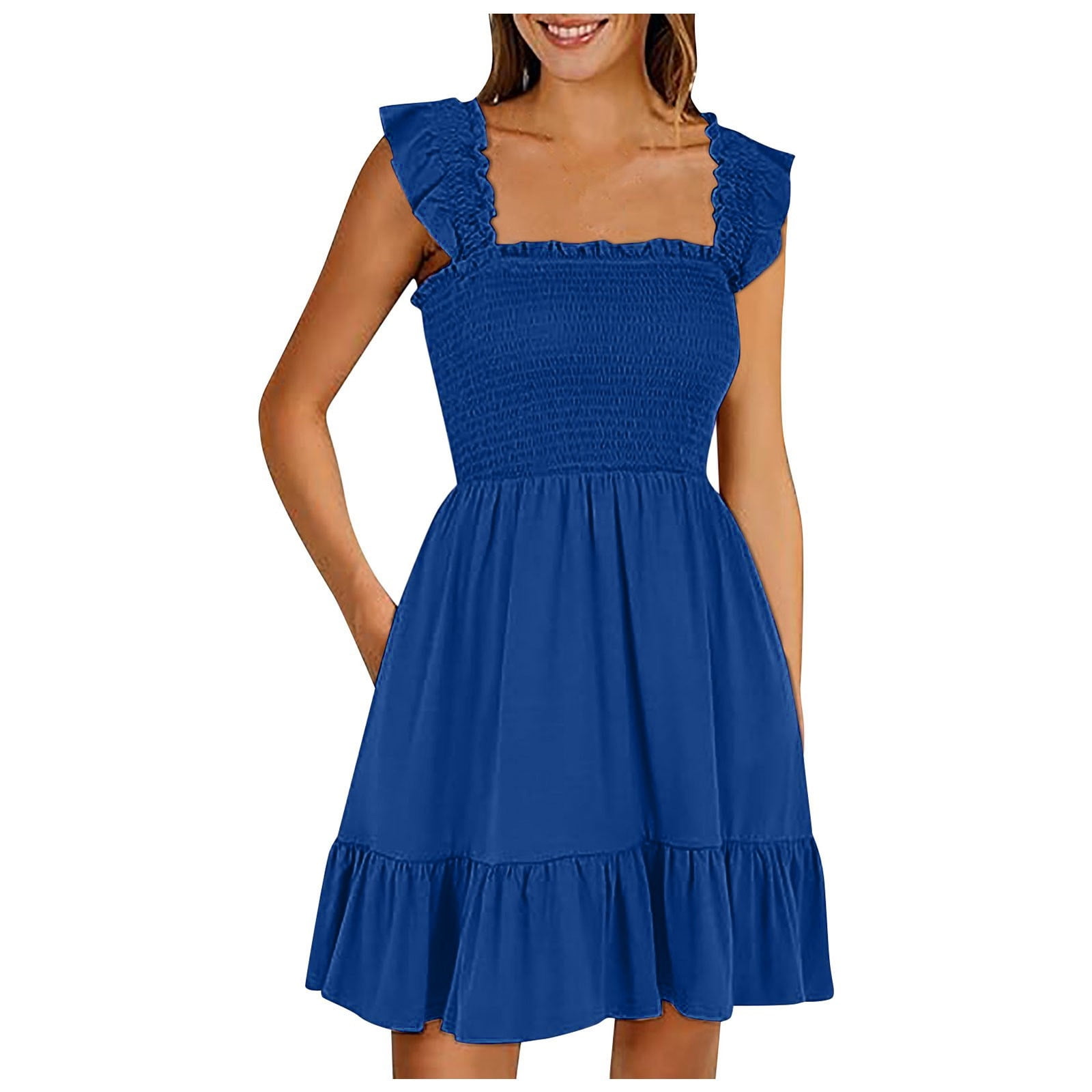 OSOLU Solid Color Women Summer Casual Sleeveless Square Neck Smocked ...