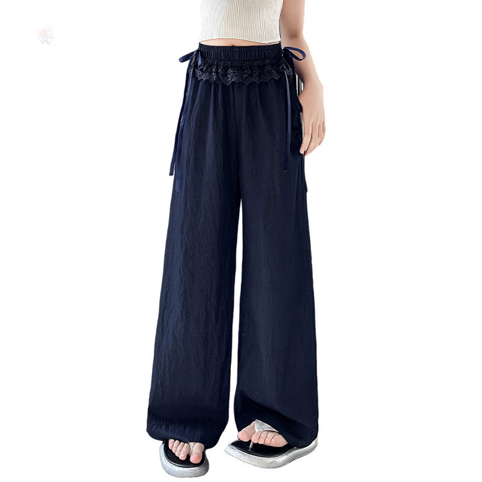 OSOLU Girls Pants Wide Leg with Lace High Waist Solid Color Loose Fit ...
