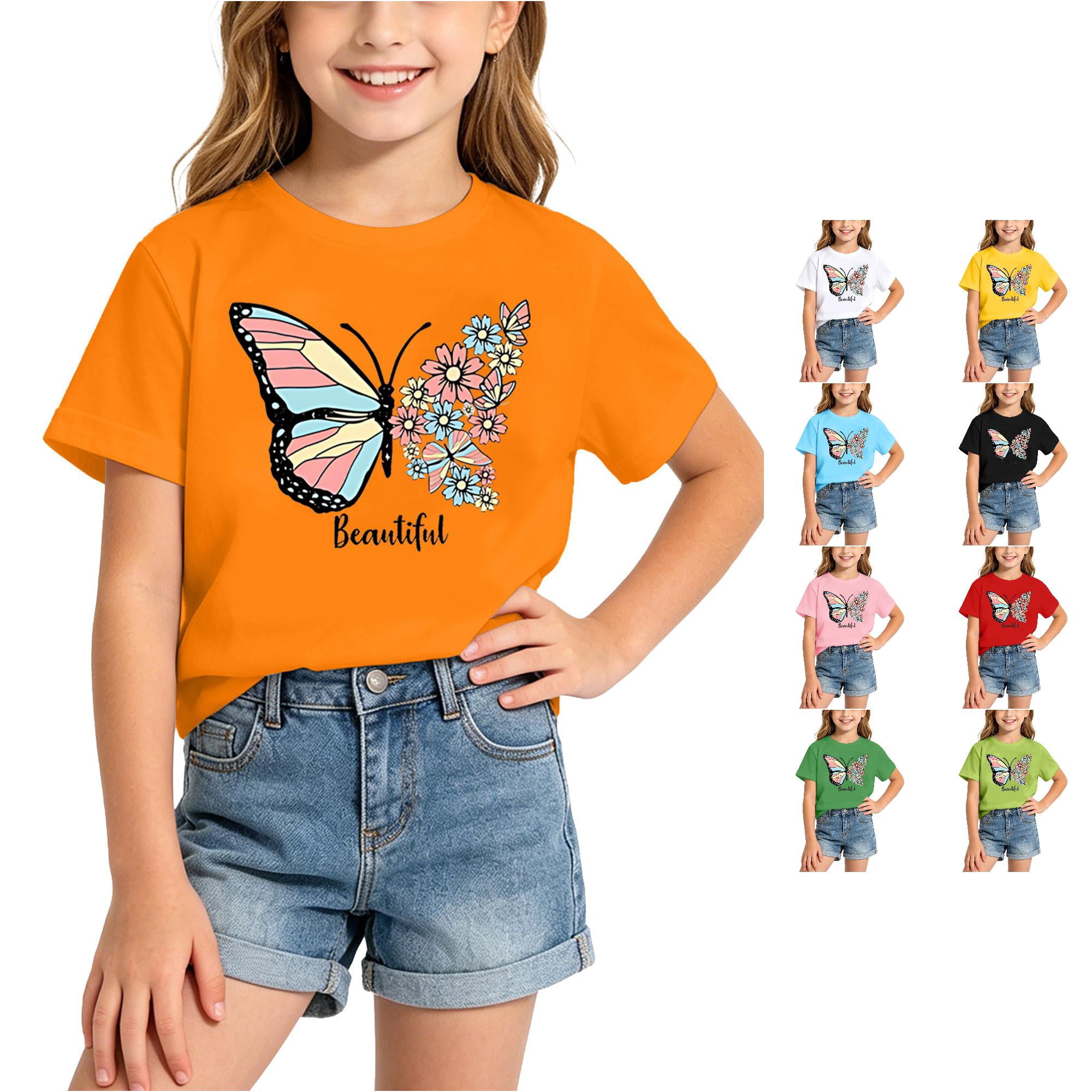 OSOLU Girls T-Shirt Colorful Butterfly Print Short Sleeve Crew Neck ...