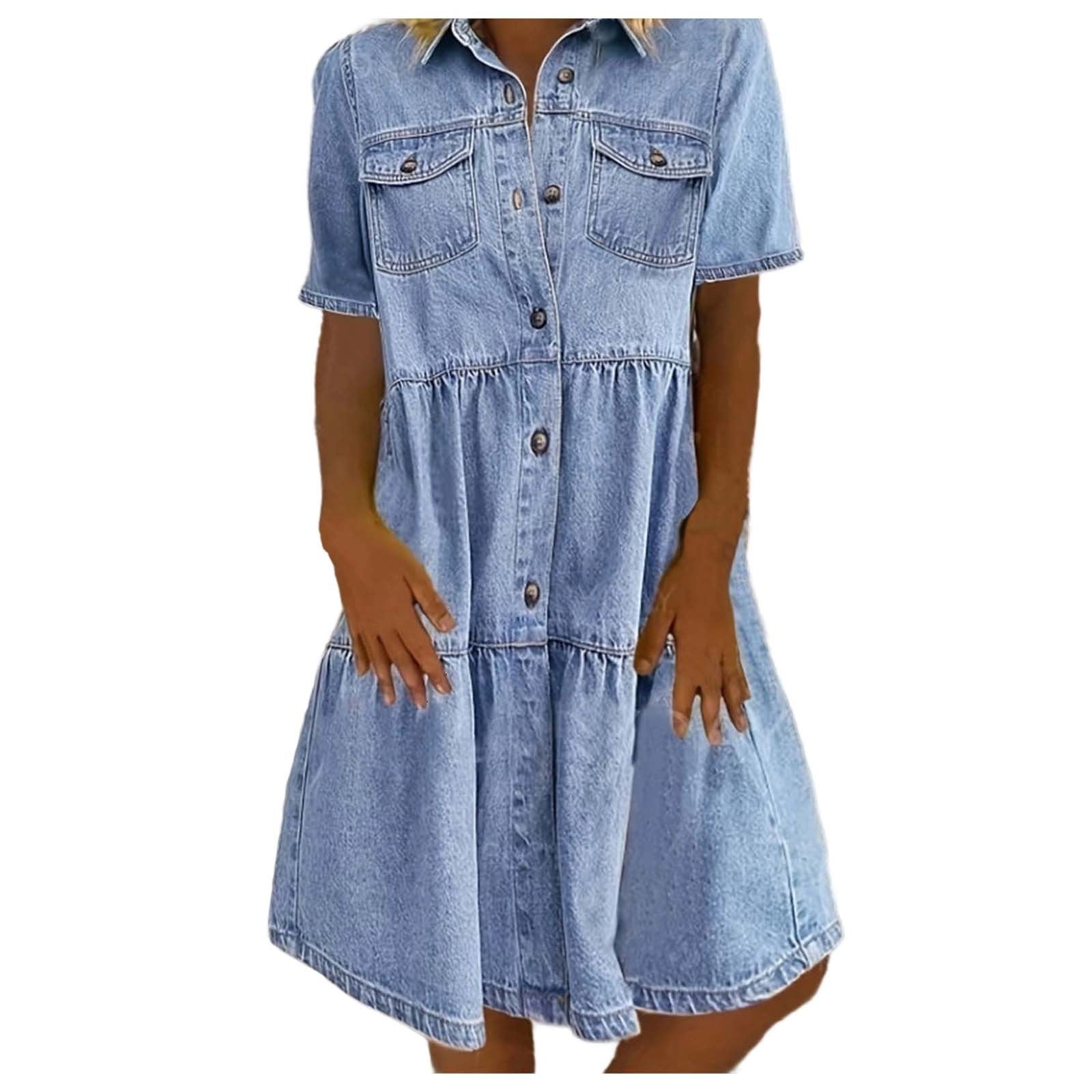 OSOLU Versatile Women Casual Dress For Vacation Short Sleeve Denim ...