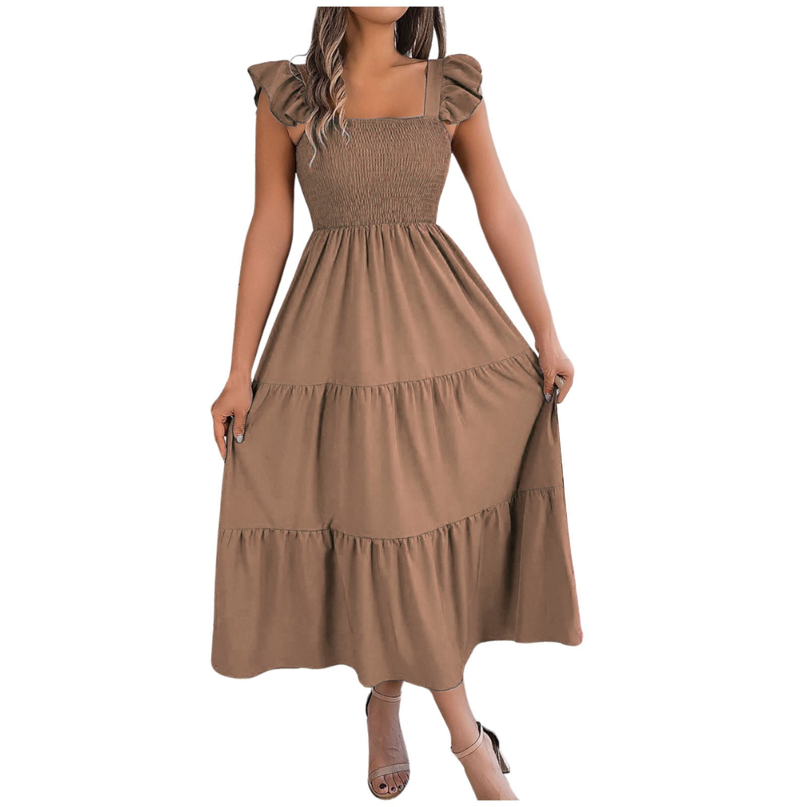 OSOLU Women 2025 Summer Solid Color Waist Square Neck A-Line Long Skirt ...