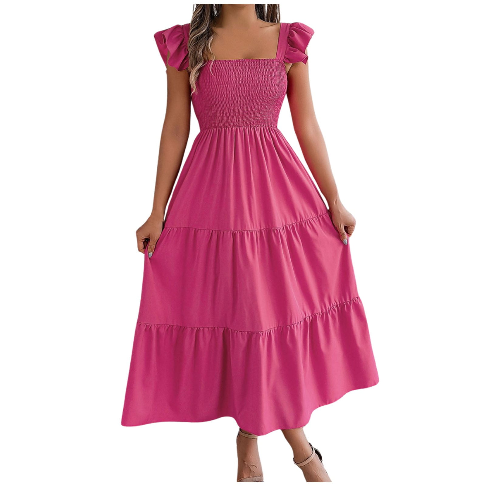 OSOLU Women 2025 Summer Solid Color Waist Square Neck A-Line Long Skirt ...
