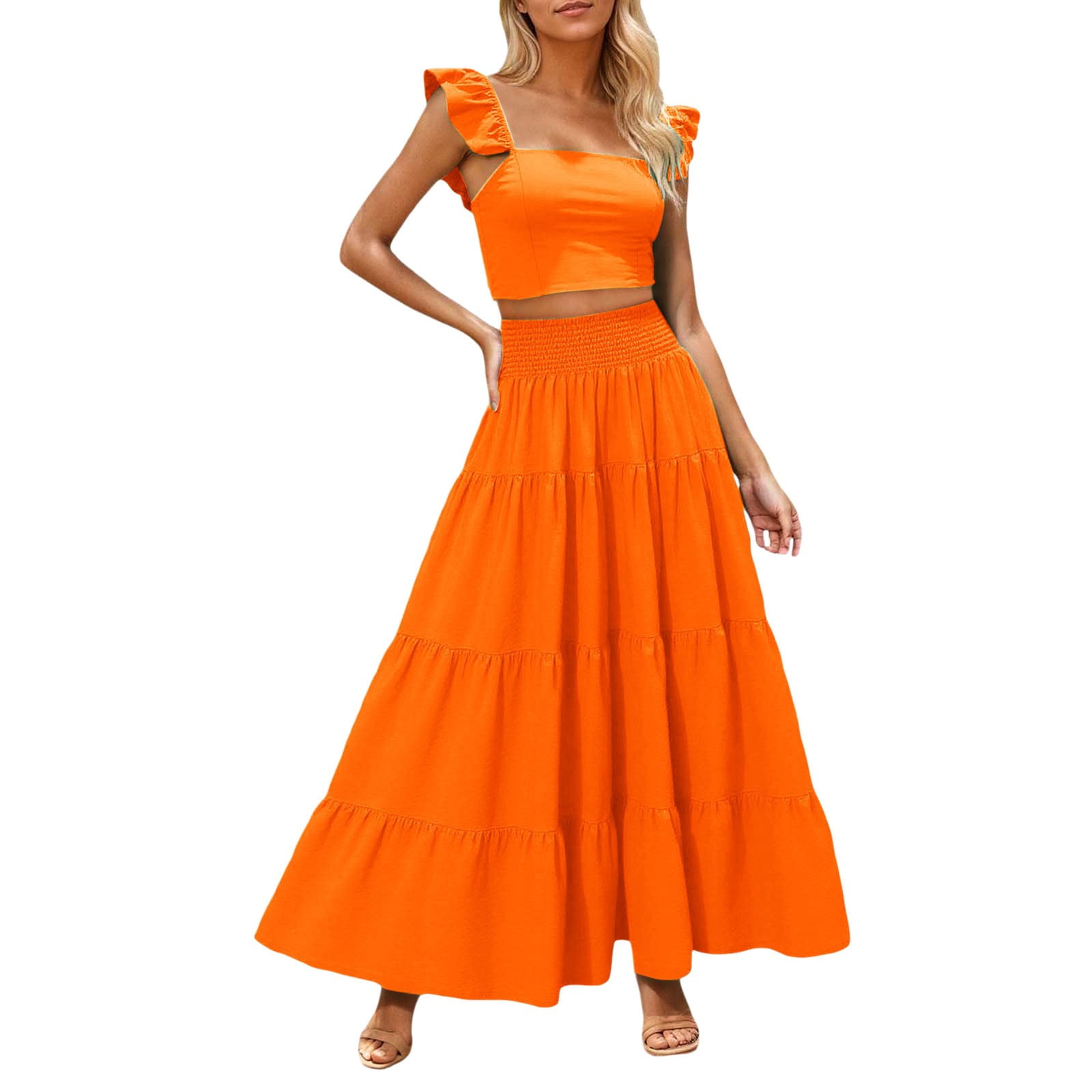 OSOLU Women Casual Dress Flutter Sleeve Solid Color Vacation Dresses ...