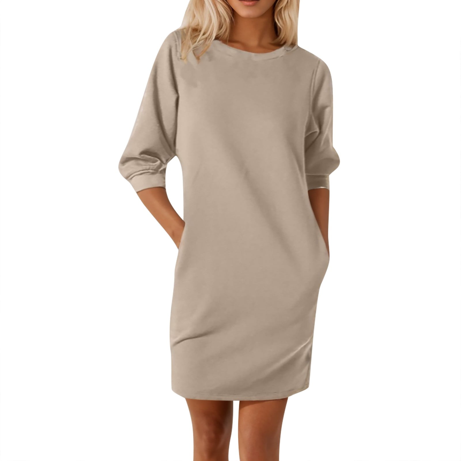 OSOLU Women Casual Dress With Solid Color Crew Neck Pocket Soft ...