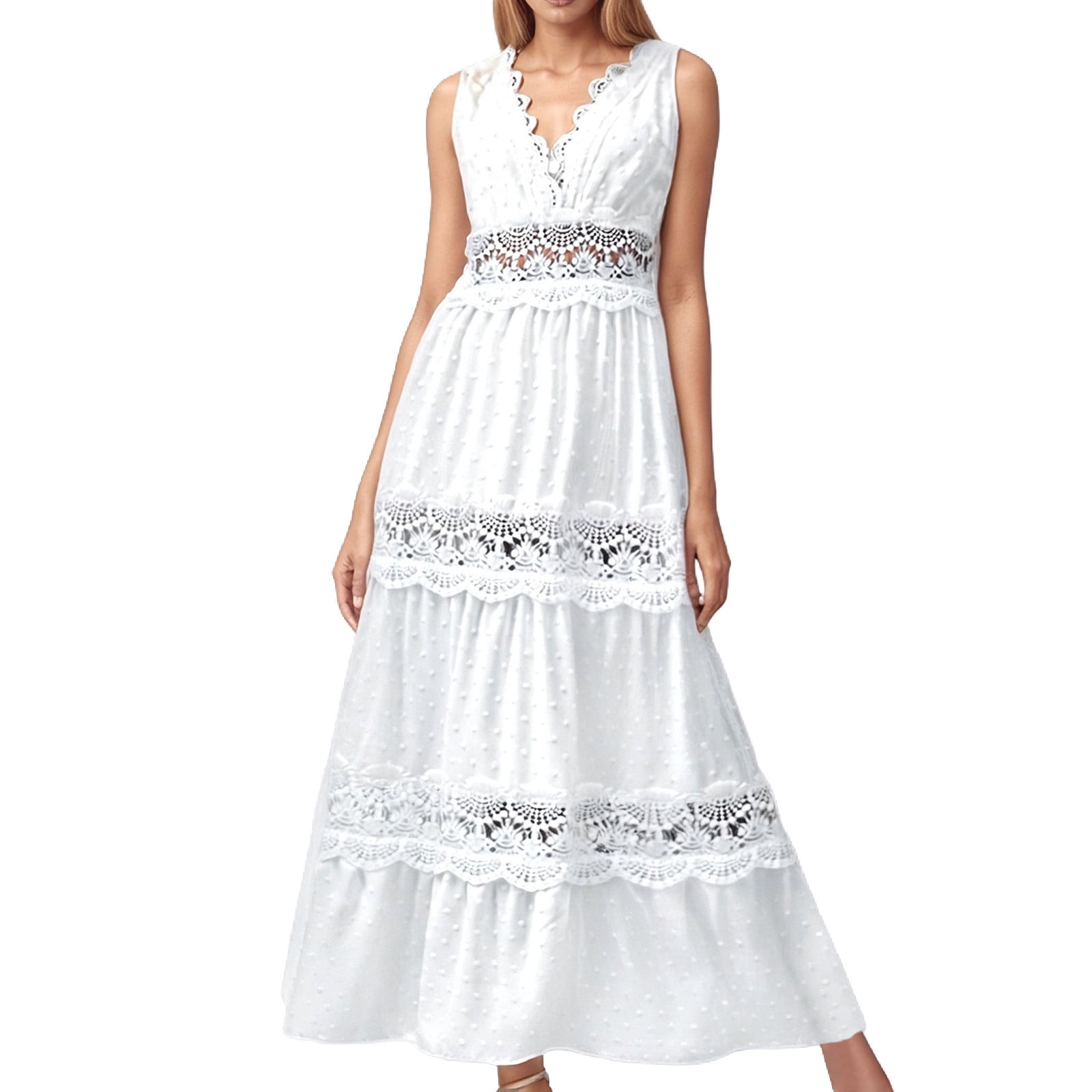 OSOLU Women Casual V-Neck Lace Hollow Out Dress Elegant Basic Solid ...