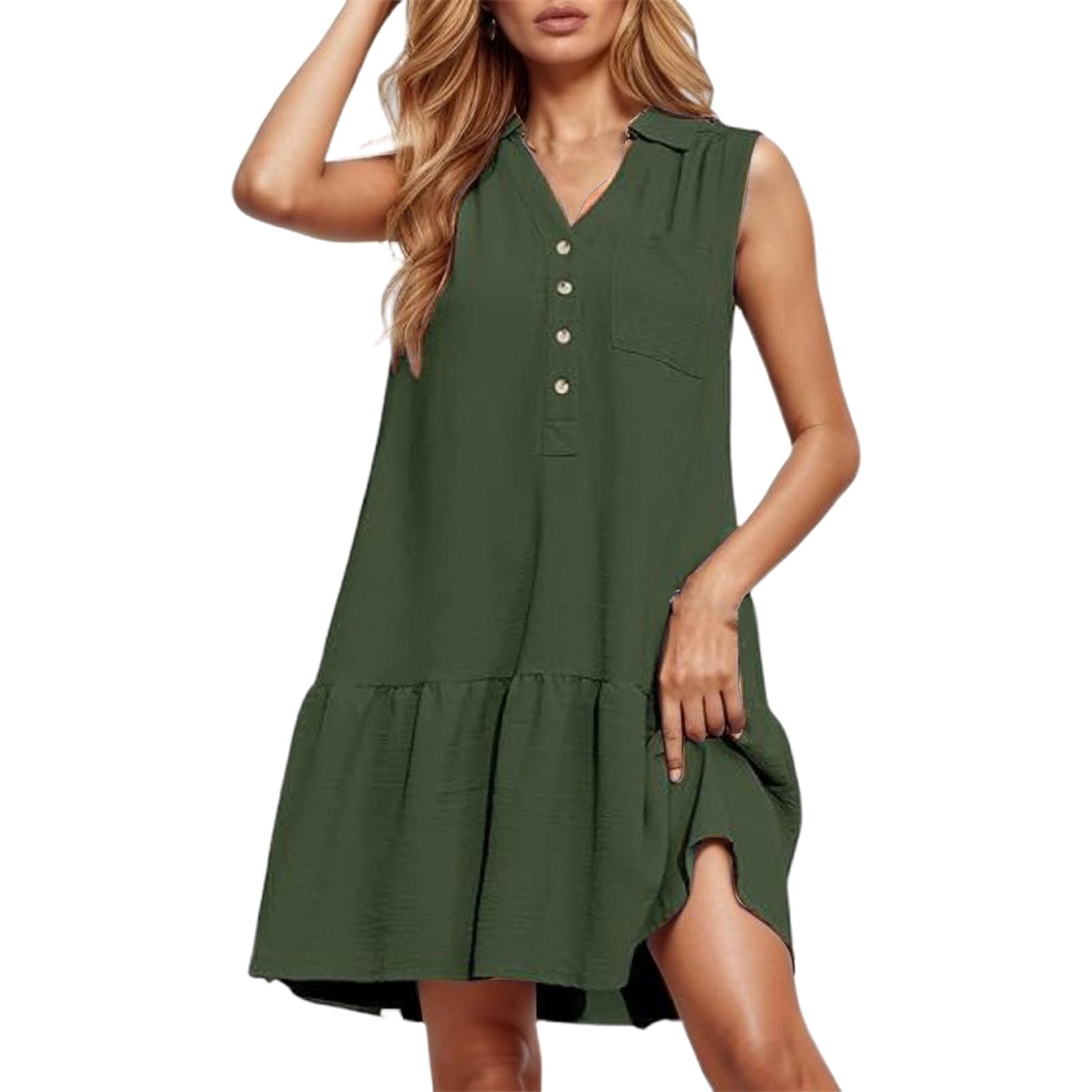 OSOLU Women Casual V-Neck Sleeveless Dress Button Front Solid Color ...