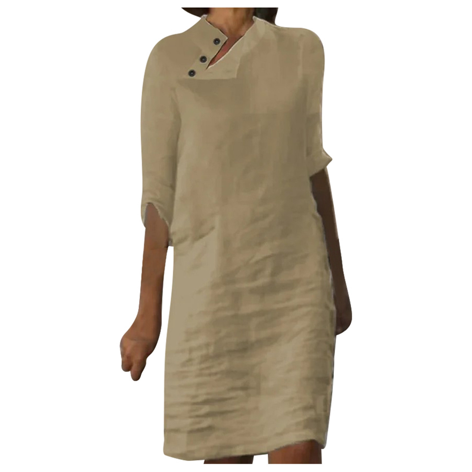 OSOLU Women Dresses Casual Stand Button Up Linen Solid Color Midi Dress ...