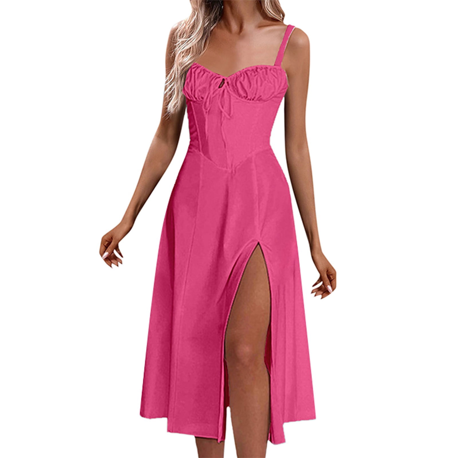 OSOLU Women Dresses Solid Color 2025 Casual Lace Slim Split Sling Dress ...