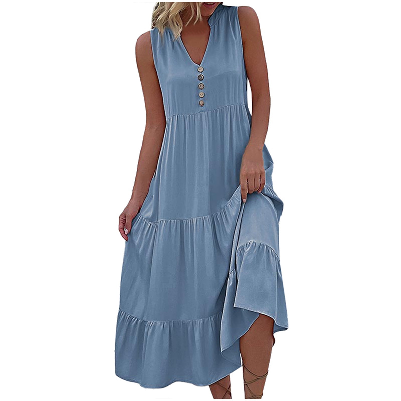 OSOLU Women Dresses Solid Color Summer Sleeveless Pleated Maxi Dress ...