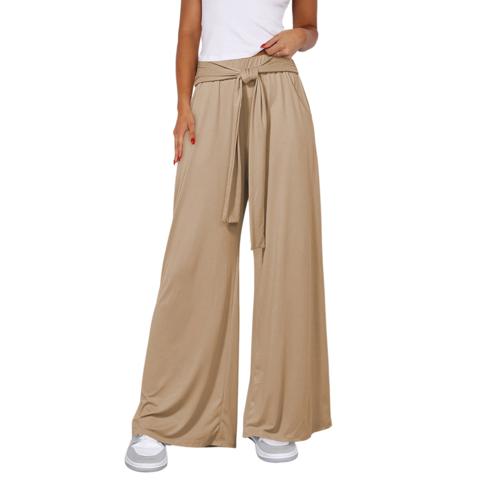 OSOLU Women Fashion Solid Color Vertical Lace Up Wide Leg Pants Casual Everything Soft ...