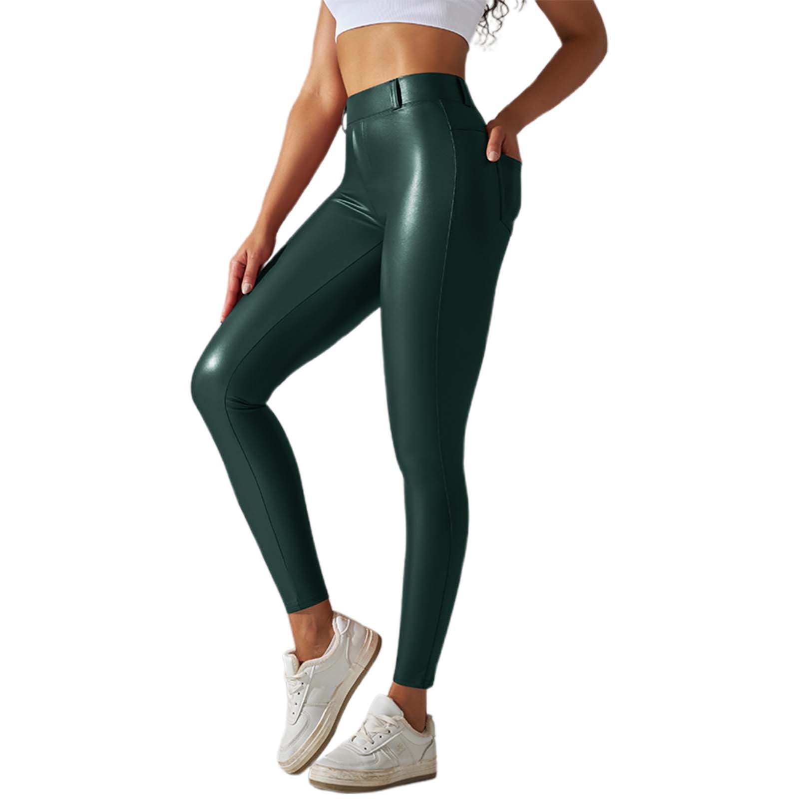 OSOLU Women Pocket PU Leather Pants Waist Compression Body Sculpting ...