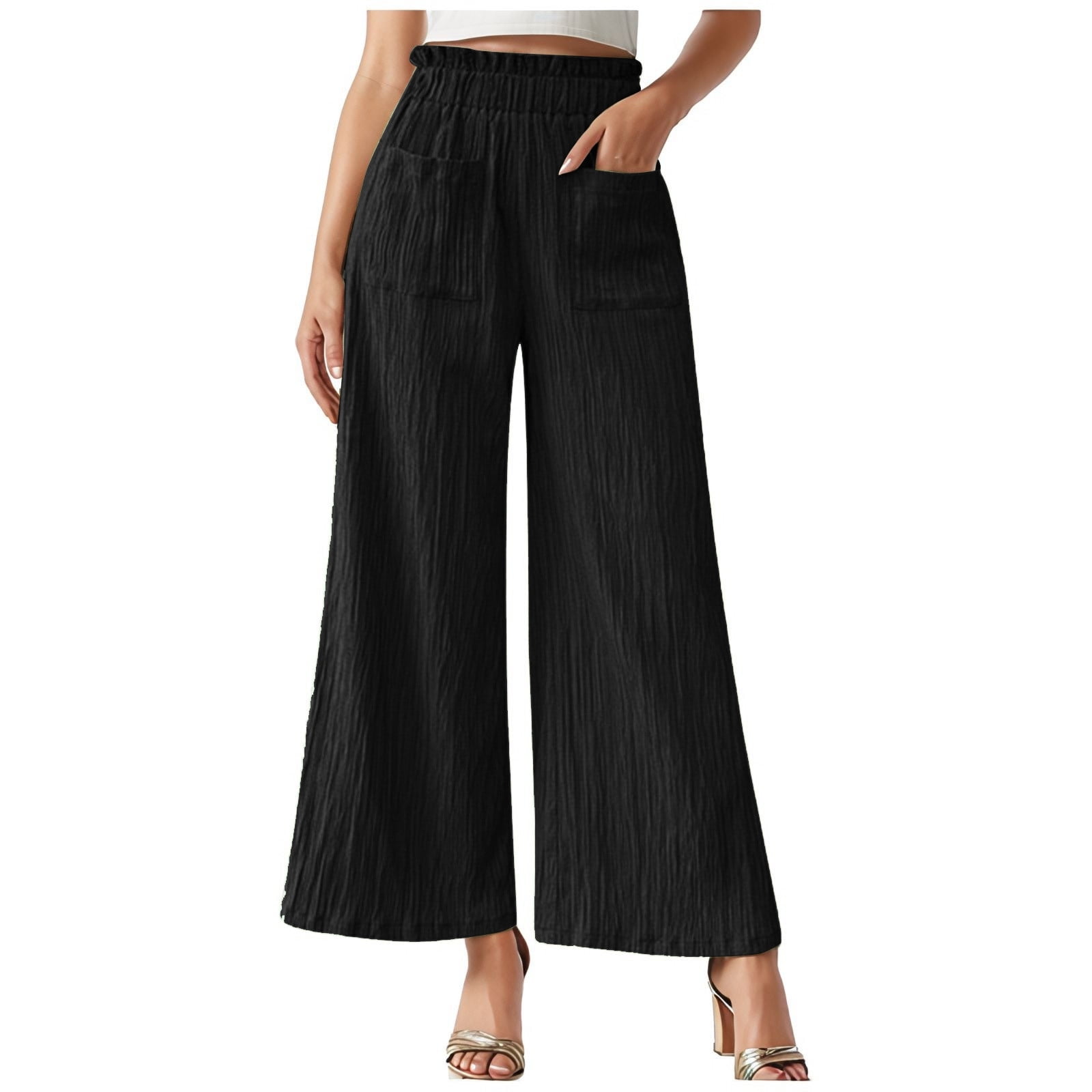 OSOLU Women Solid Color Casual Straight Leg Pants With Imitation Linen Pockets Trousers Everyday ...