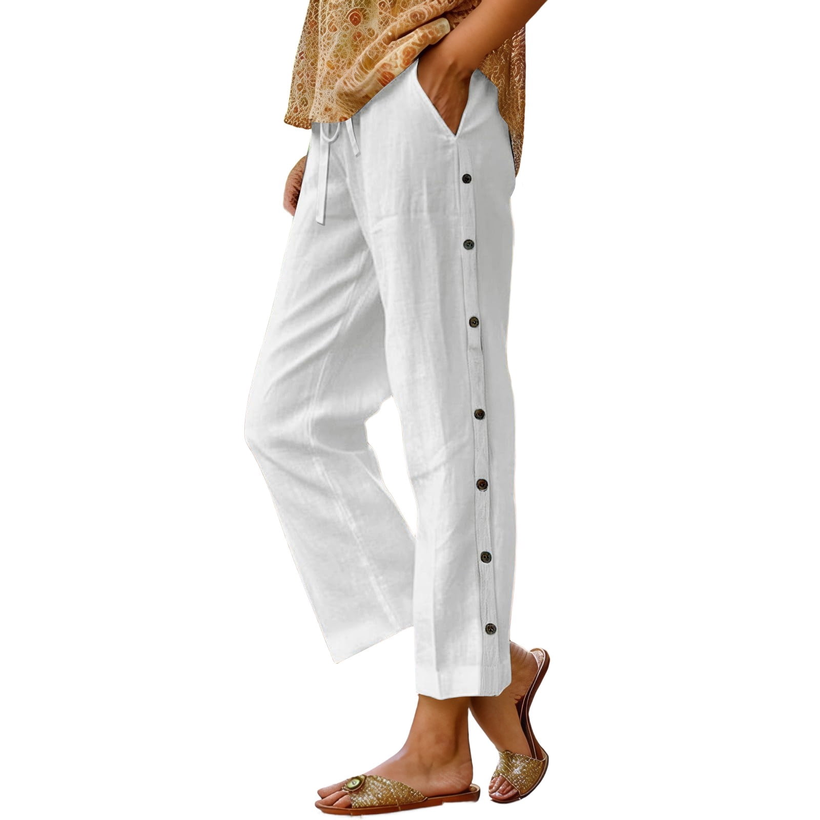OSOLU Women Solid Color Casual Summer Nine Length Pants With Button ...