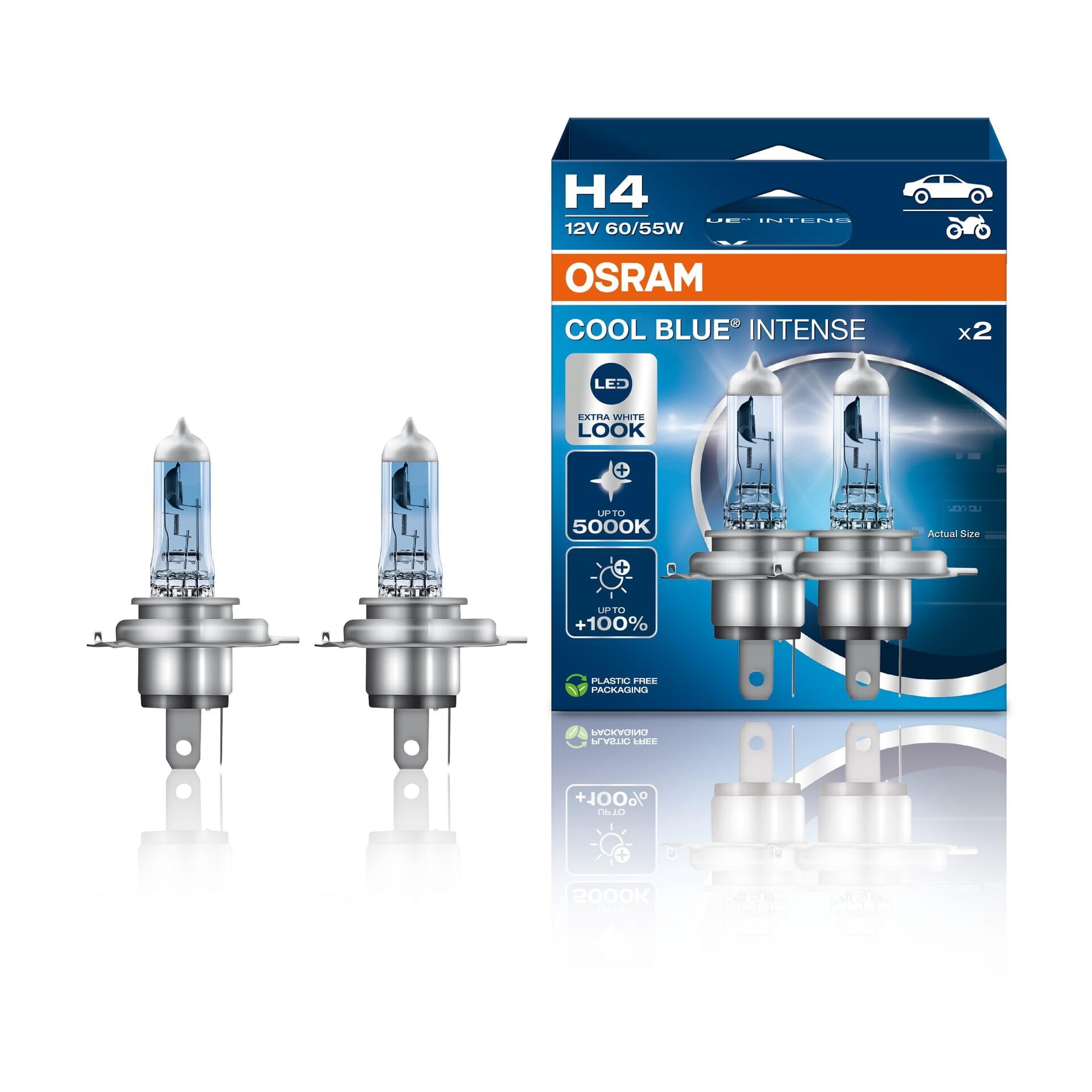 OSRAM COOL BLUE INTENSE H4, 100% more brightness, up to 5,000K, halogen ...