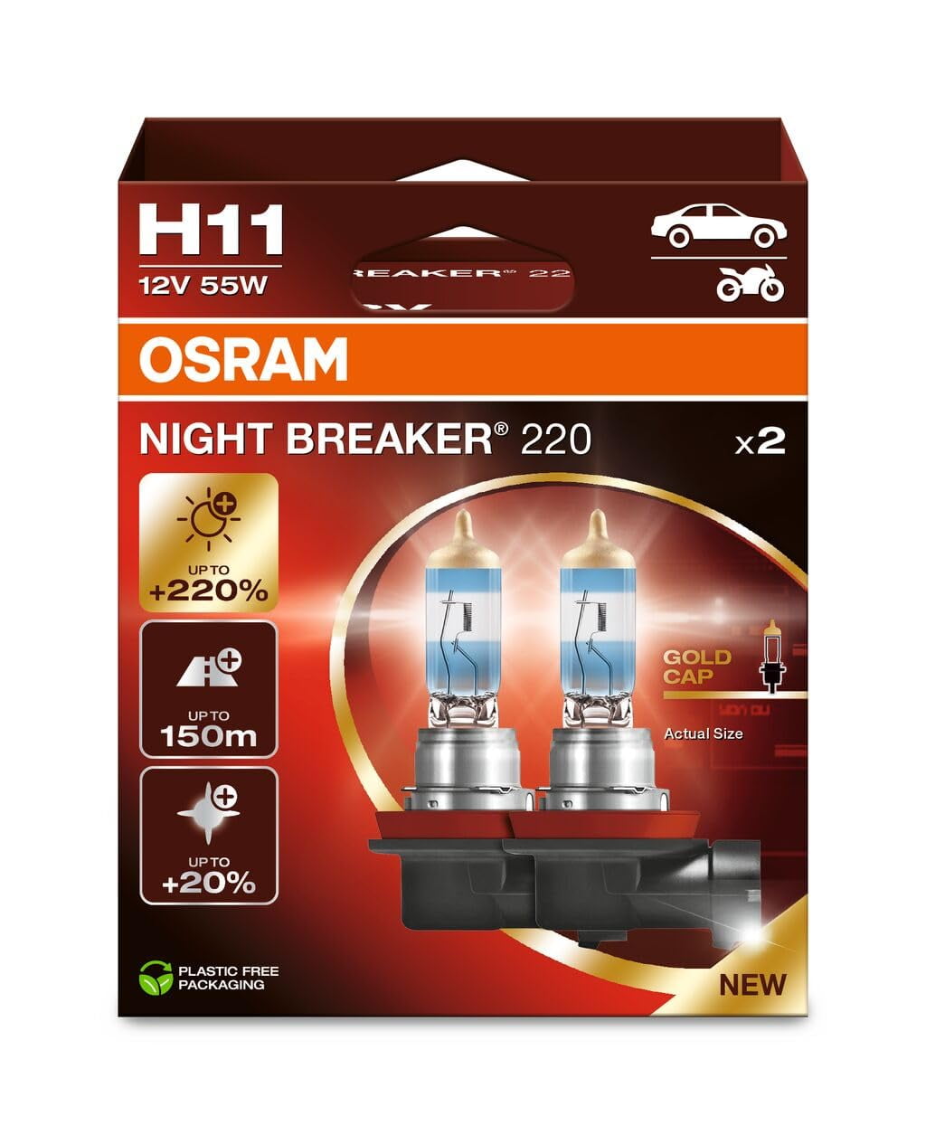 OSRAM NIGHT BREAKER 220, IFF17 H11, 220% Brighter Halogen Headlight ...