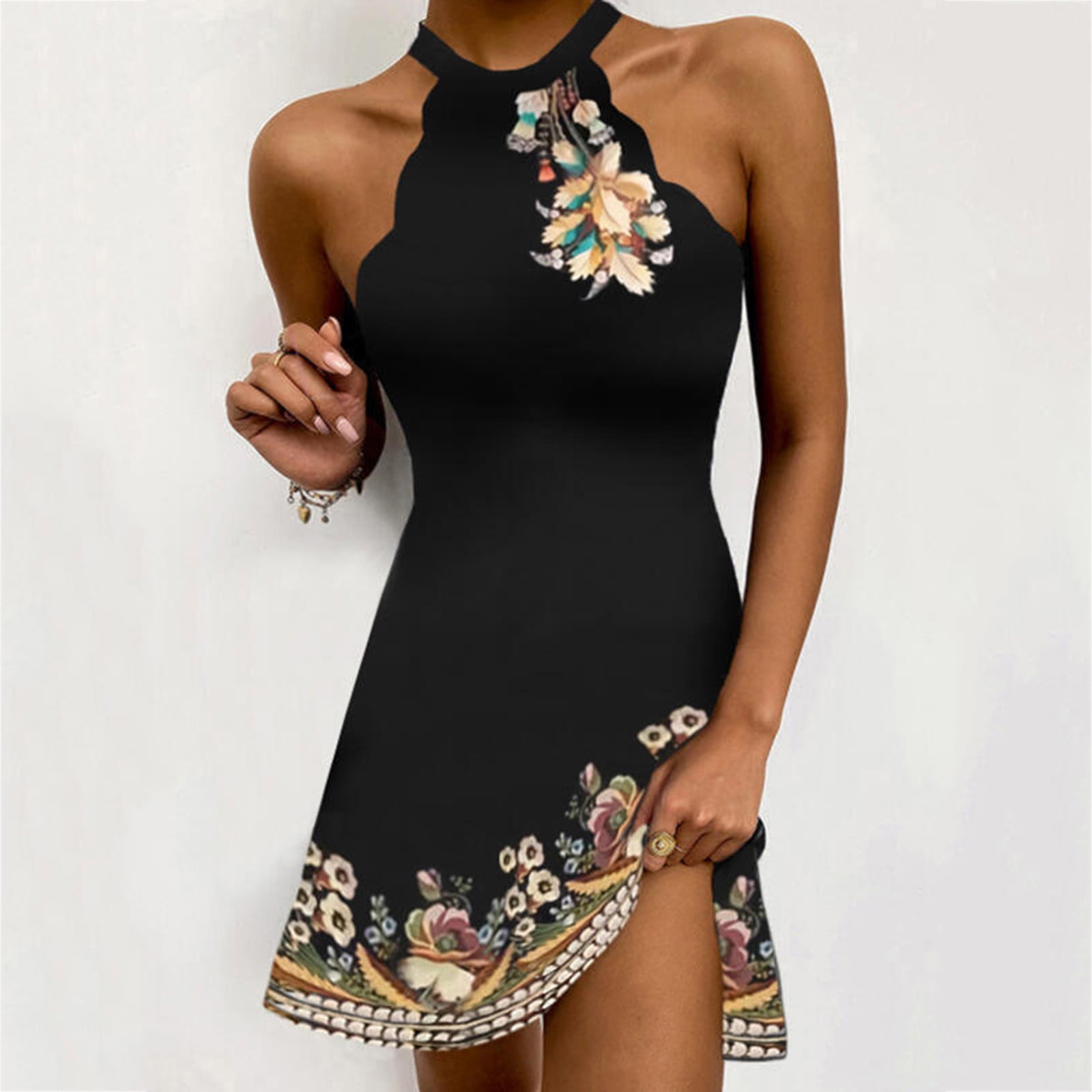 Osyard Women Sexy Dress Print Sleeveless A Line Above Knee Casual