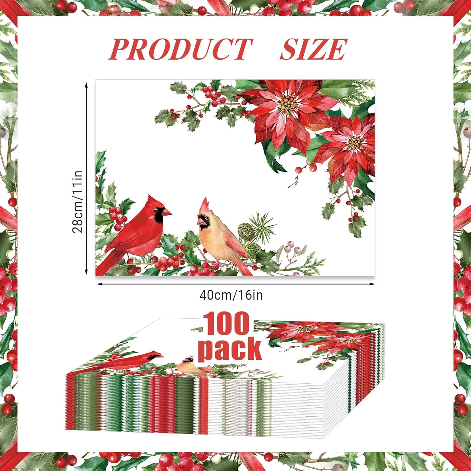 OTGFRF-100 Pcs Christmas Paper Placemats, 11x16 Inch Watercolor Red ...