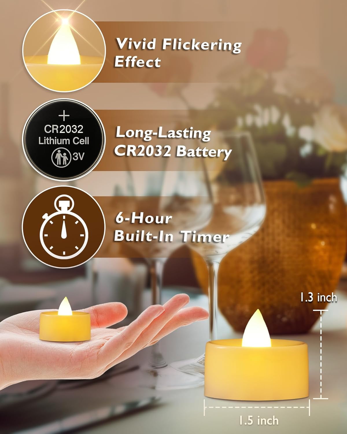 OTGFRF-12 Pack Tea Lights with Timer, 6H Timer Built-in, Flameless ...