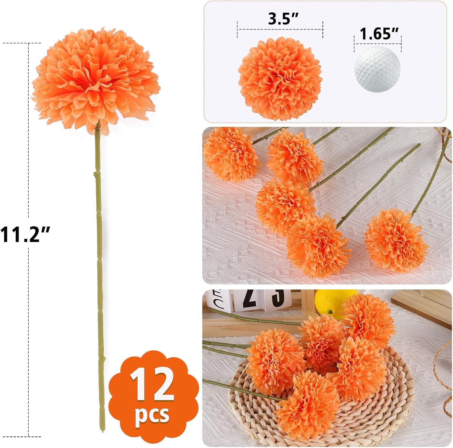 OTGFRF-12 Pcs Artificial Chrysanthemums Fall Flowers Silk Orange ...