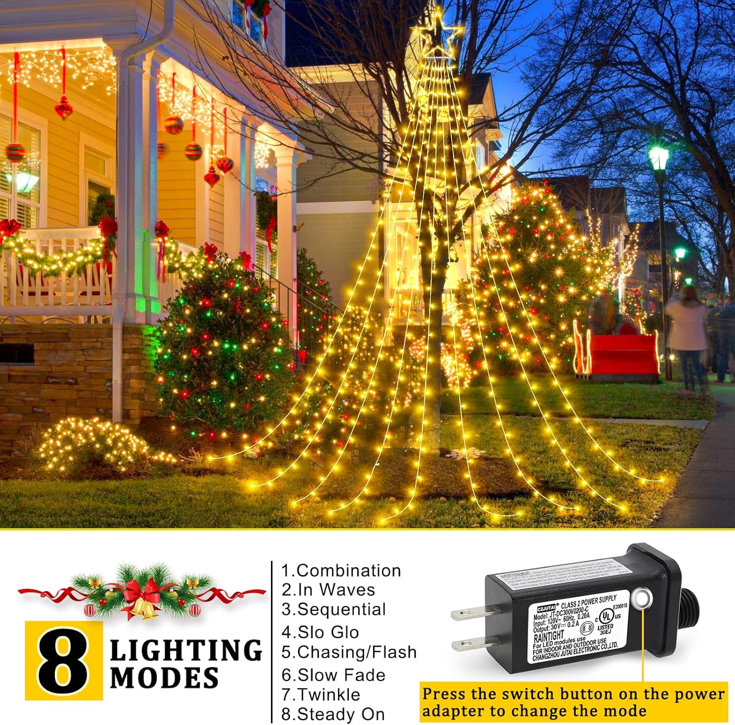 OTGFRF-12FT 344 LED Christmas Tree Lights, Plug in Waterfall String ...