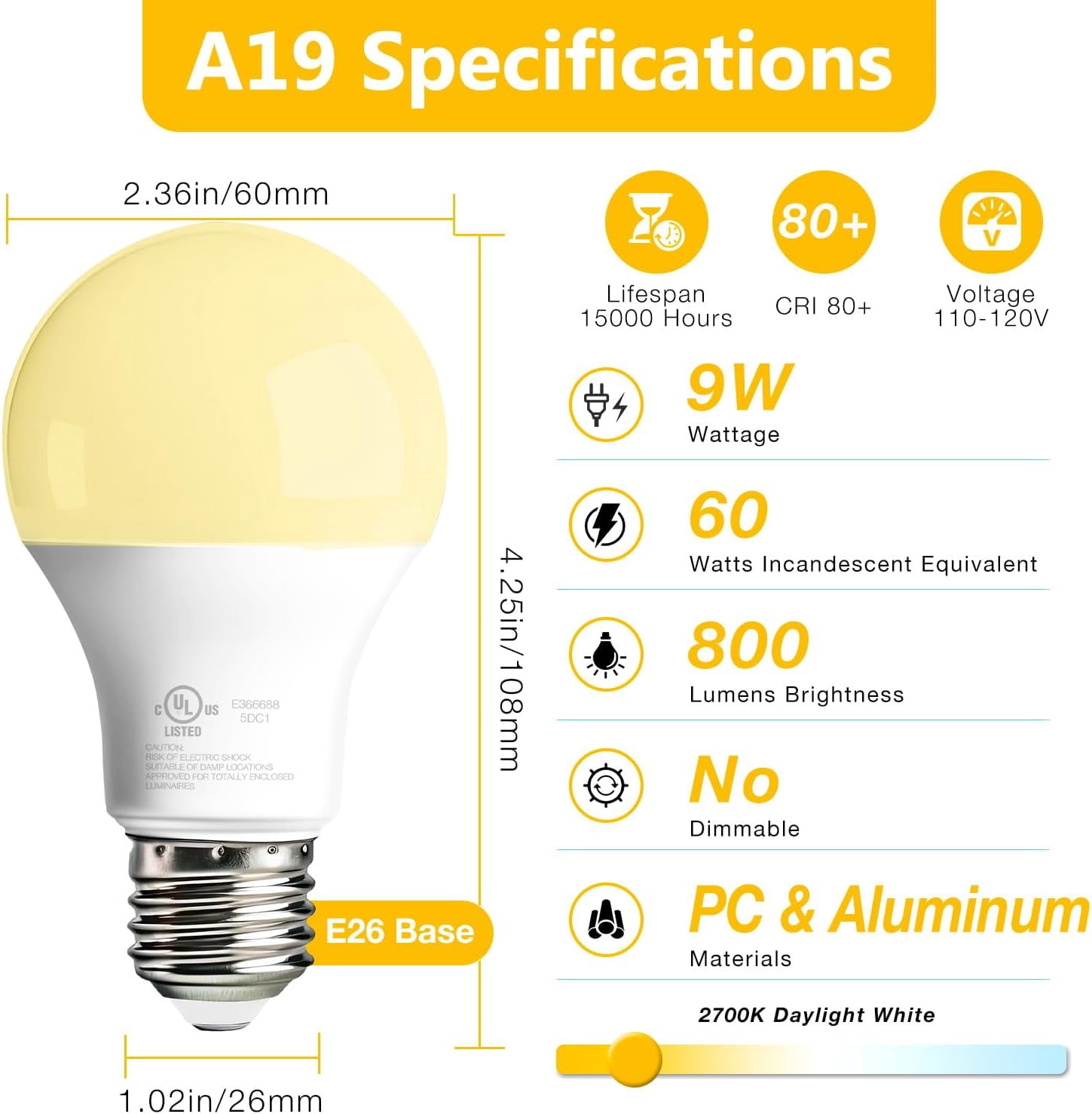 OTGFRF-24 Pack LED Light Bulbs Soft White 2700K, 60 Watt Equivalent A19 ...