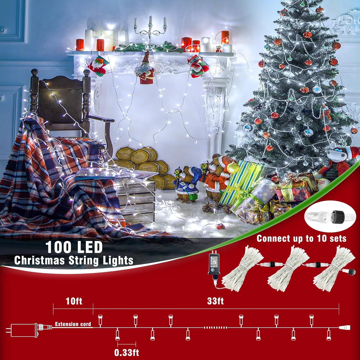 OTGFRF-33ft 100 LED Christmas Lights Outdoor - 8 Modes Christmas String ...