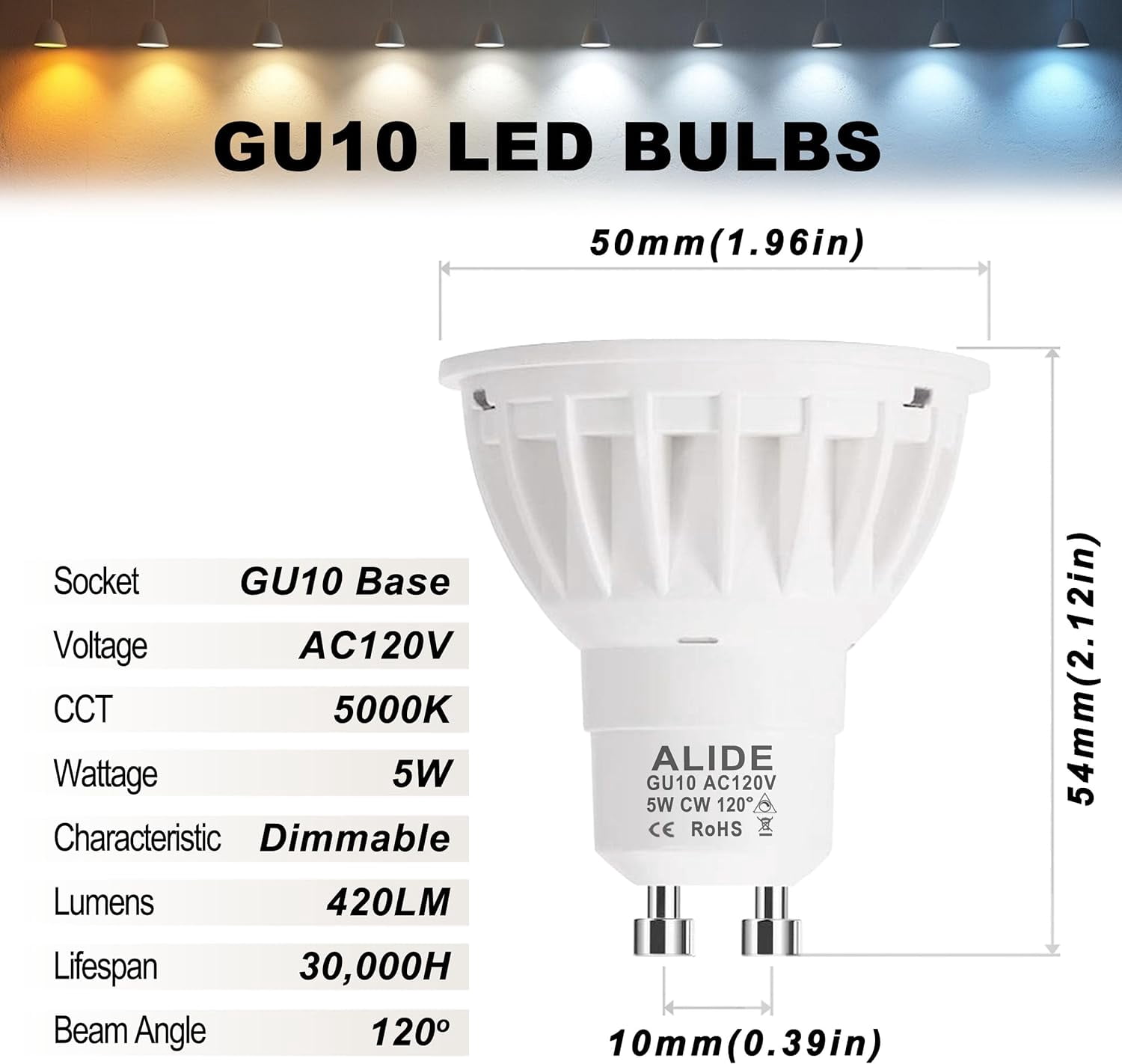 OTGFRF-5W Dimmable GU10 Led Bulbs 5000K Daylight White,Two Prong ...