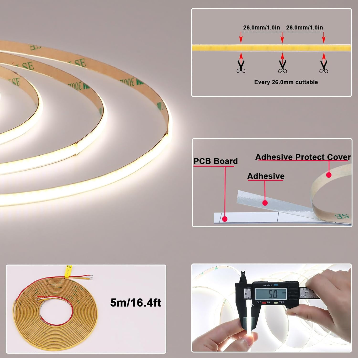 OTGFRF-5mm Ultra Thin 24V COB LED Strip CCT Dimmable White 2700-6500K ...