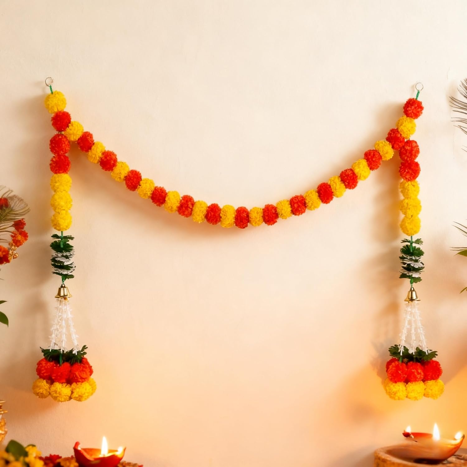 OTGFRF-Artificial Marigold Garland for Diwali Decorations with Bells, 4 ...