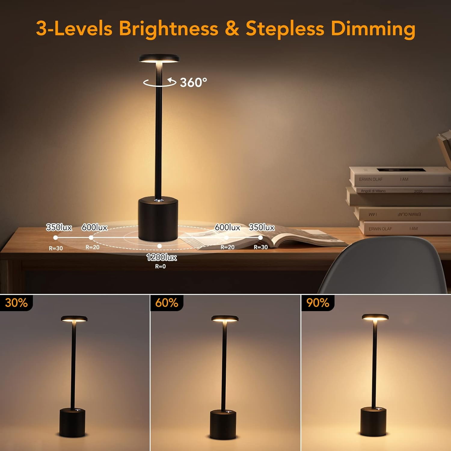 OTGFRF-Black Table Lamp,Cordless Table Lamp,Portable LED Desk Lamp ...