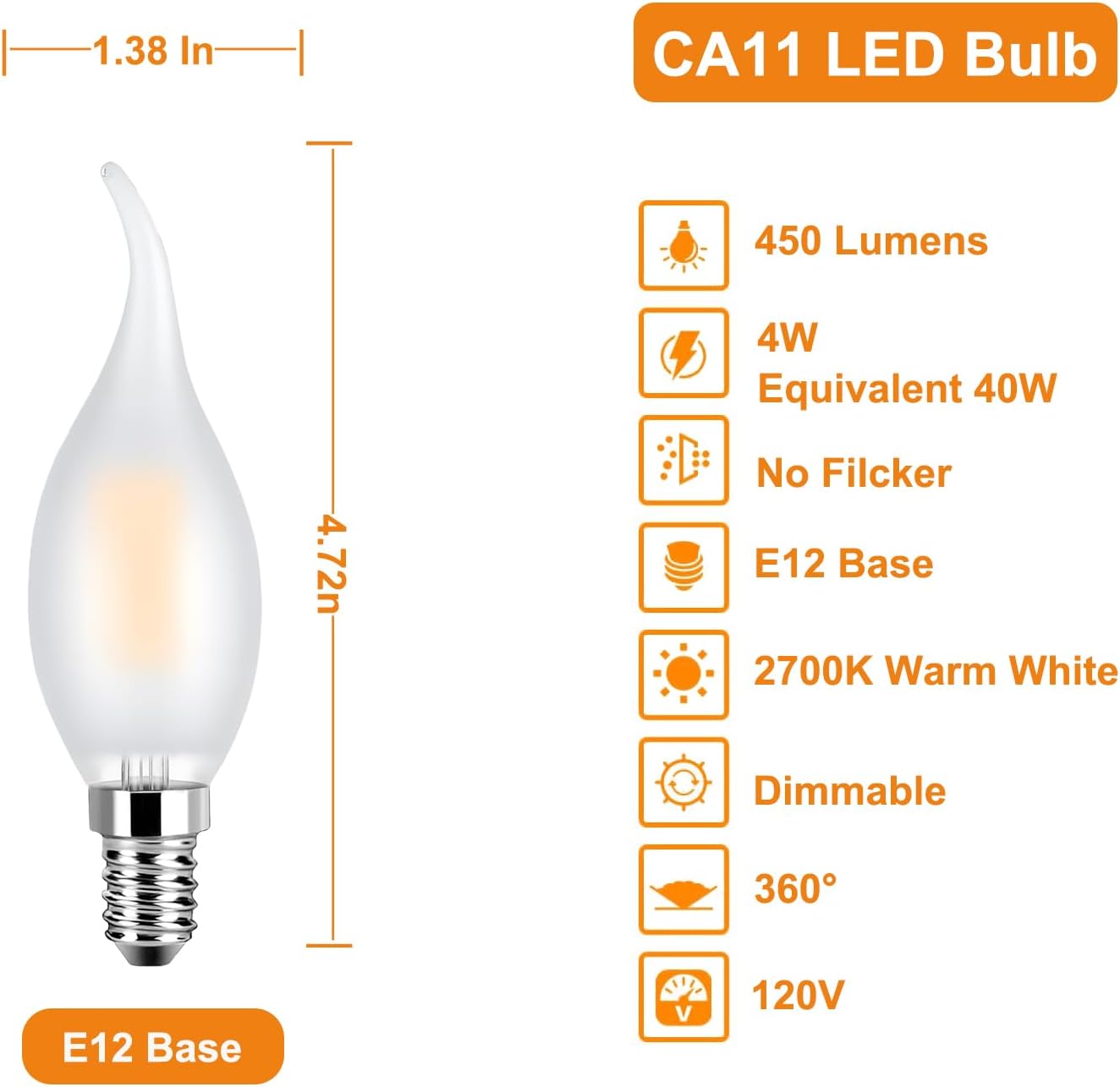 OTGFRF-CA11 Bulb Dimmable 2700K Warm White, 4 Pack Candelabra LED CA11 ...