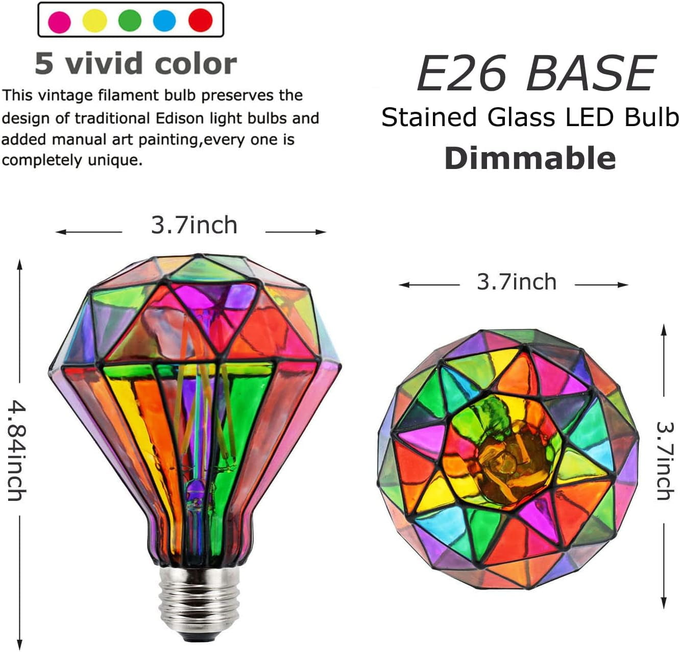 OTGFRF-Dimmable Stained Glass LED Light Bulb,Diamond Shape LED Bulb ...