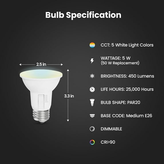 OTGFRF-PAR20 LED Light Bulb, 50W Equivalent, Dimmable, Color Selectable ...