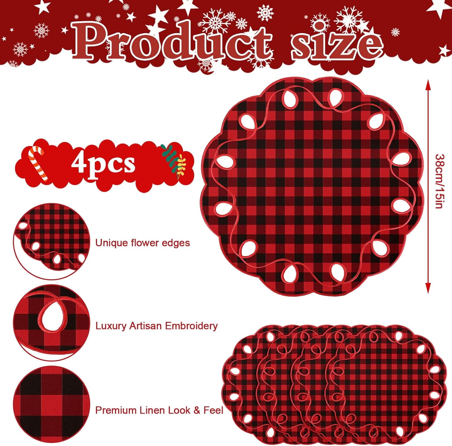 OTGFRF-Set of 4 Christmas Placemats 15 Inch Scalloped Cotton Linen ...