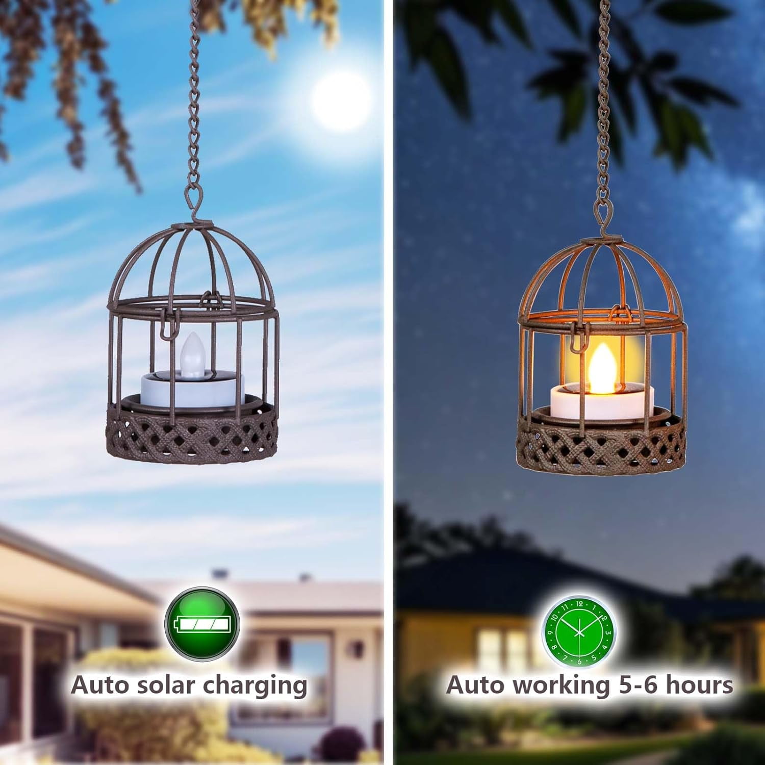 OTGFRF-Solar-Hanging-Lanterns-Outdoor-Waterproof, Rust Birdcage Style ...