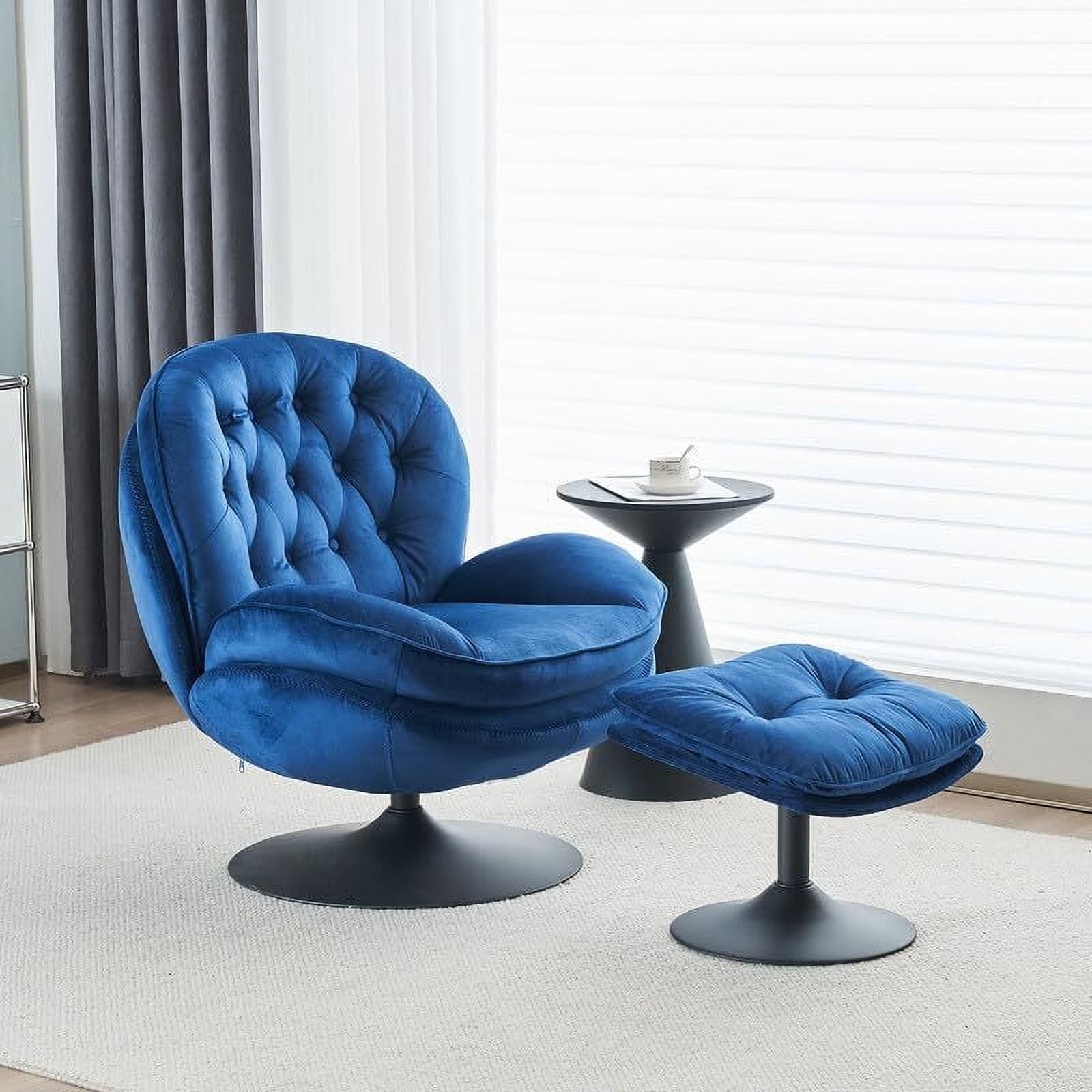 Othniel Blue Velvet Swivel Accent Chair with Ottoman, Round Reading ...