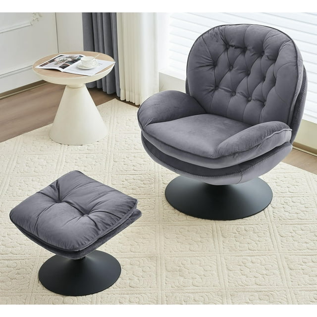 Othniel Gray Velvet Swivel Accent Chair with Ottoman, Round Reading ...