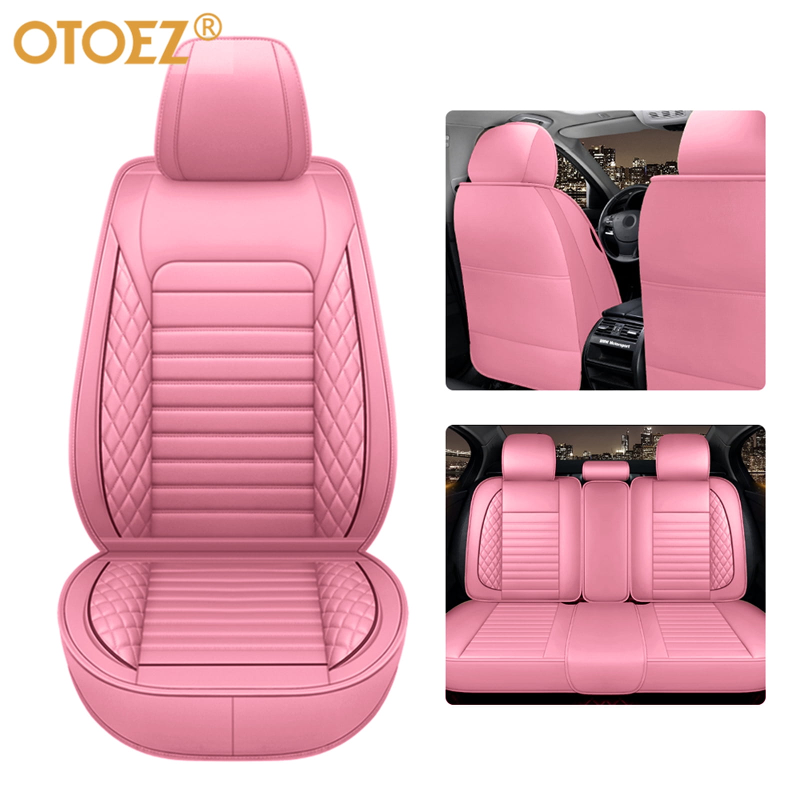 OTOEZ Universal Car Seat Cover Pink PU Leather 5 Seats, Front Rear Seat ...