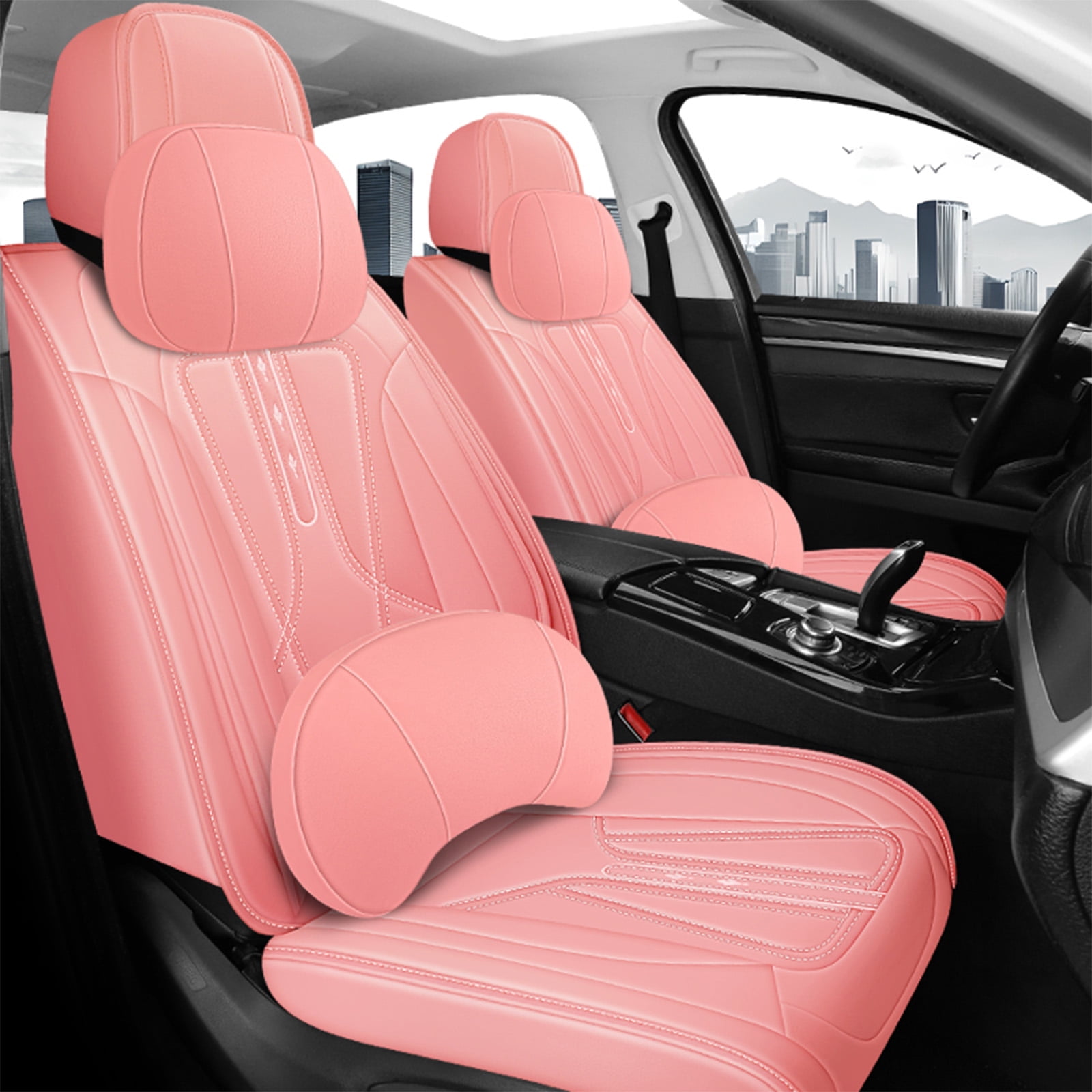 OTOEZ Universal Car Seat Cover Pink PU Leather Luxurious 5 Seats, Front ...