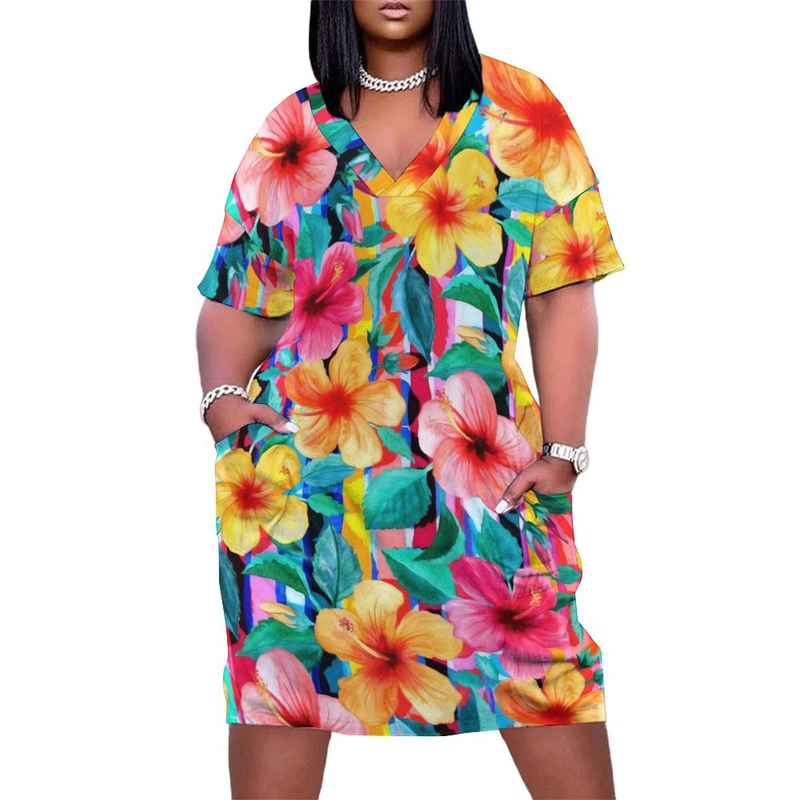 OTT Maximalist Hawaiian Hibiscus Floral with Stripes Loose Pocket Dress ...