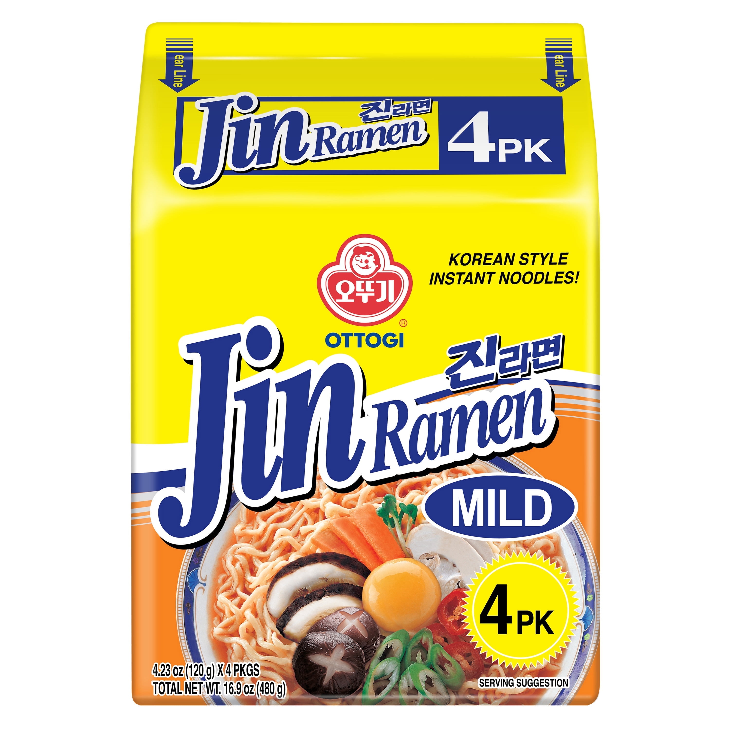 OTTOGI Jin Ramen Mild Spicy Flavor Broth Noodle Soup, 4.23oz x 4 Pack ...
