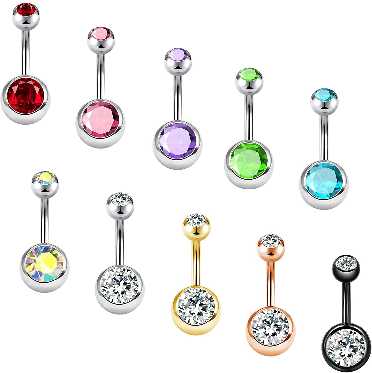 OUFER 8mm Belly Button Rings Pack 14G Surgical Steel Shiny CZ Belly ...