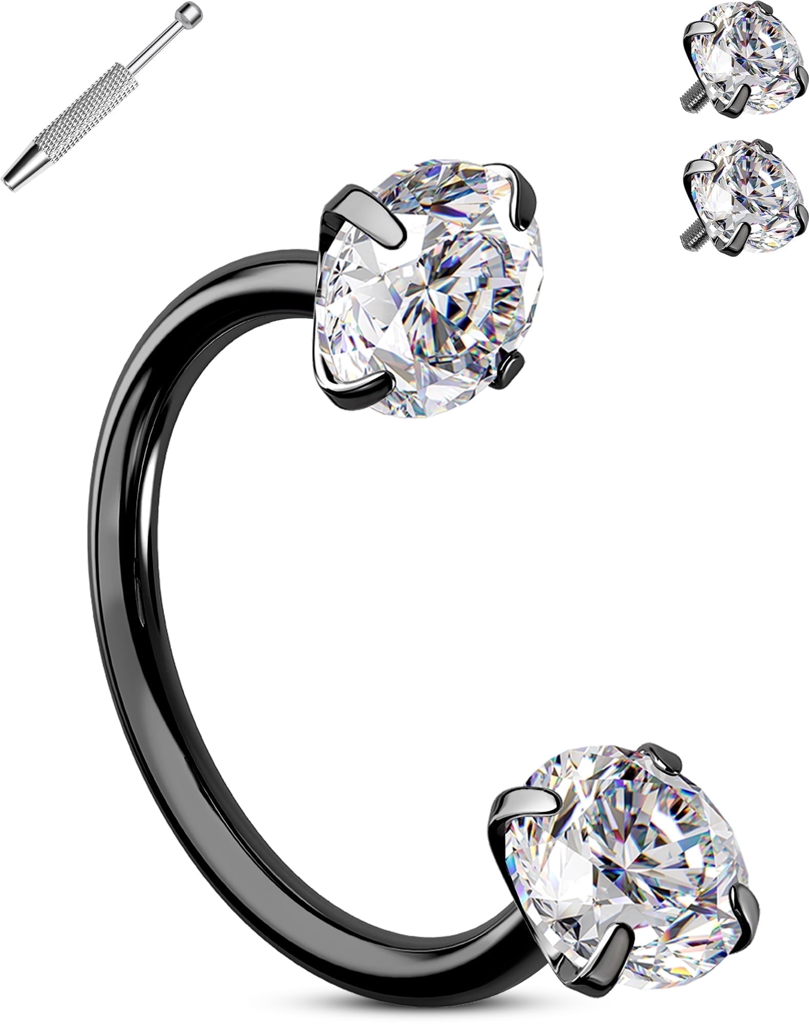 OUFER Double Cubic Zirconia Nose Rings Internally Threaded Septum Rings ...