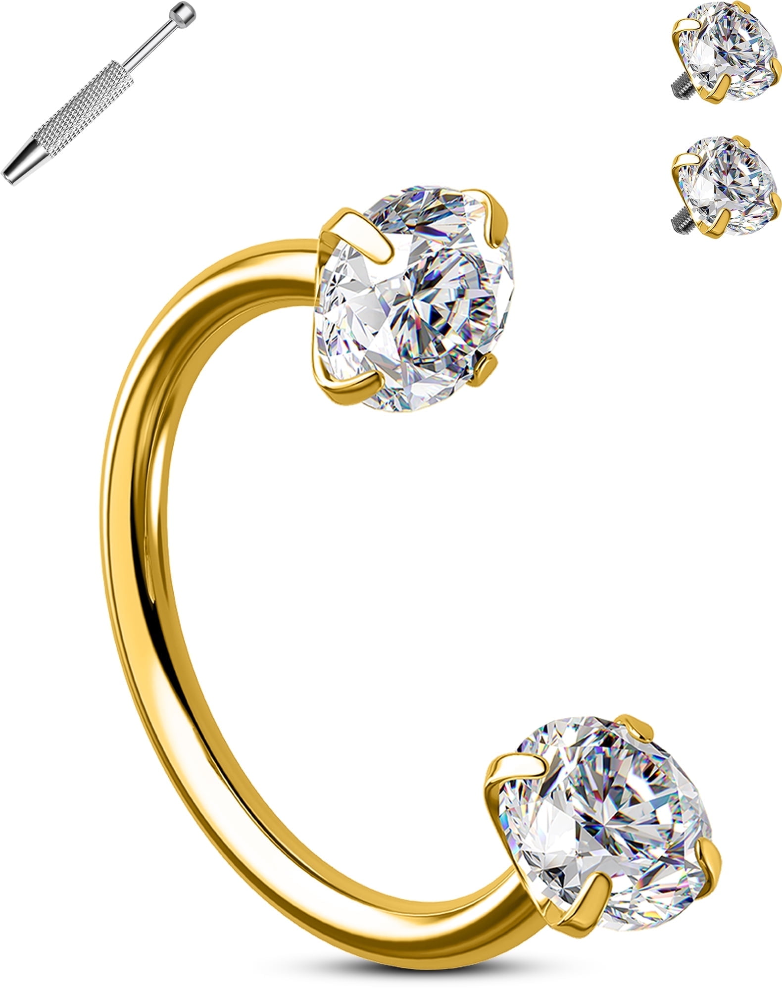 OUFER Double Cubic Zirconia Nose Rings Internally Threaded Septum Rings ...