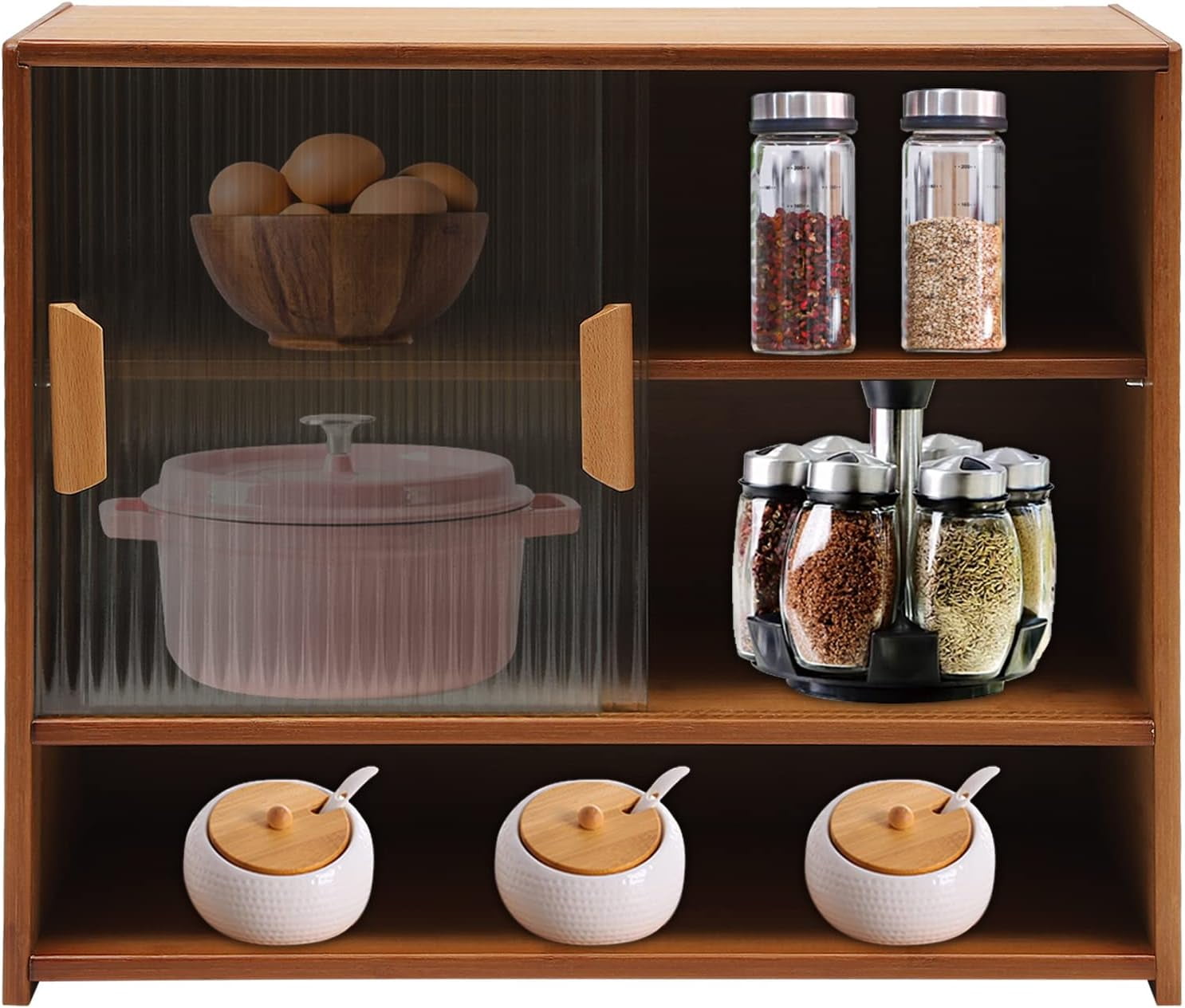 OUKANING 3 Tiers Small Bamboo Kitchen Pantry Sideboard with 2 Sliding ...