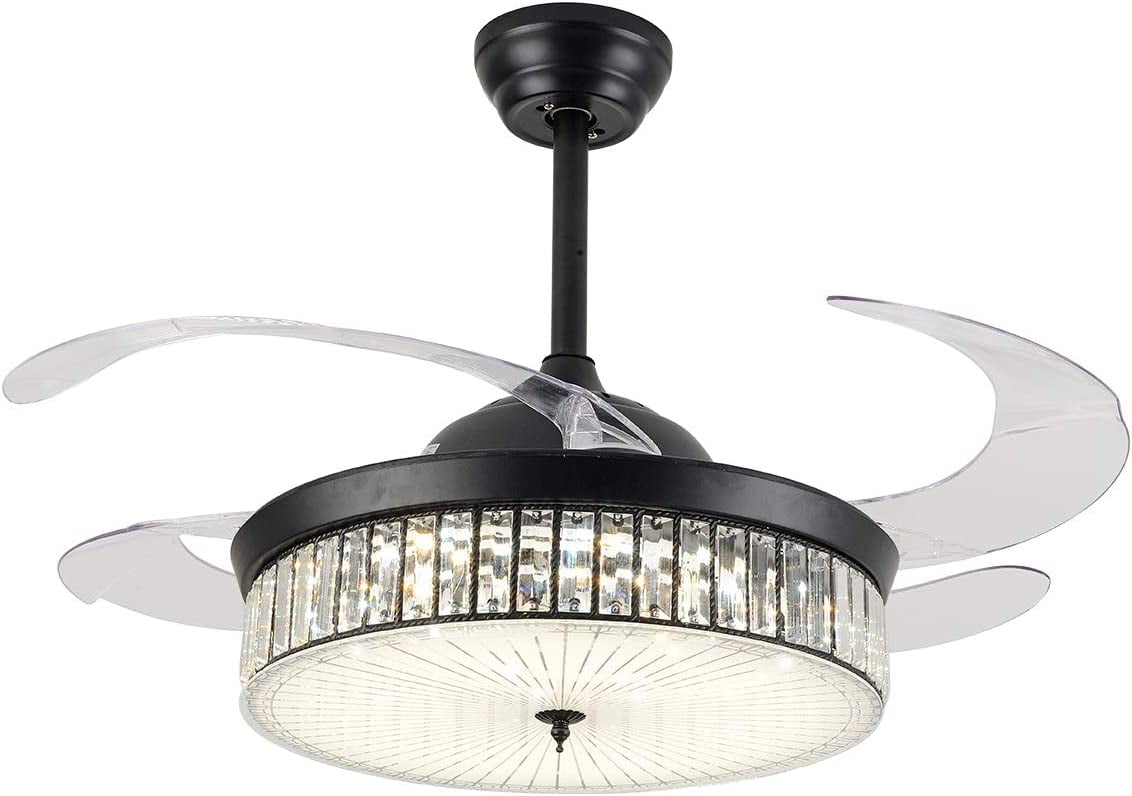 OUKANING Crystal Ceiling Fan Lights LED Chandelier Variable Speed ...