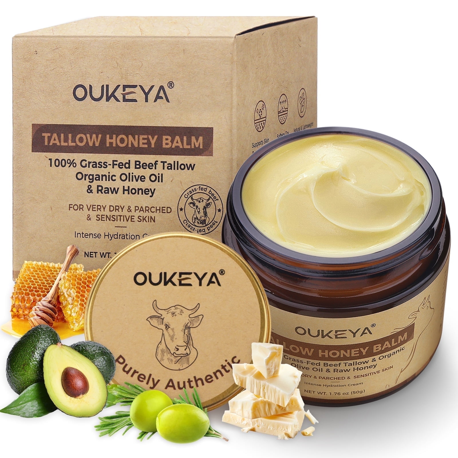 OUKEYA Tallow Honey Balm with Grass-Fed Beef Tallow, Olive Oil, and Raw ...