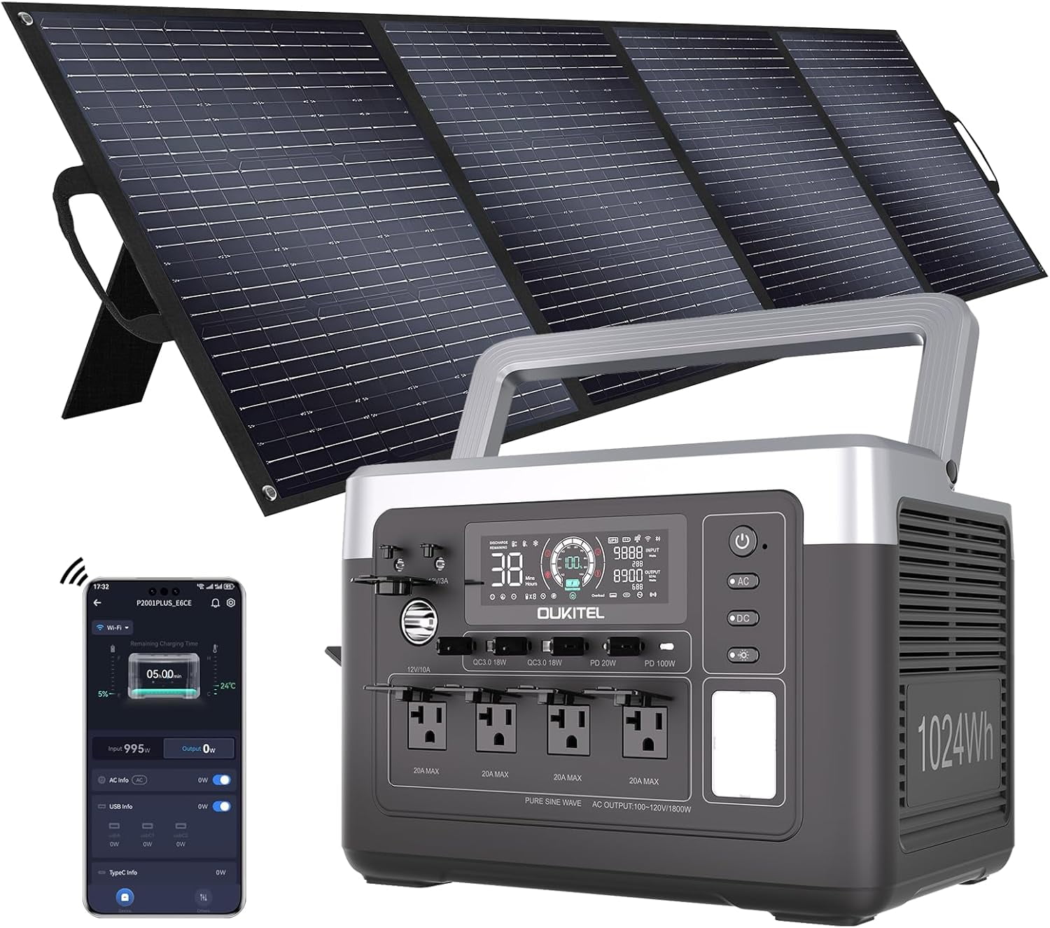 OUKITEL P1000 Plus 1024Wh Portable Power Station with 400W Solar Panel, 1800W Solar Generator ...