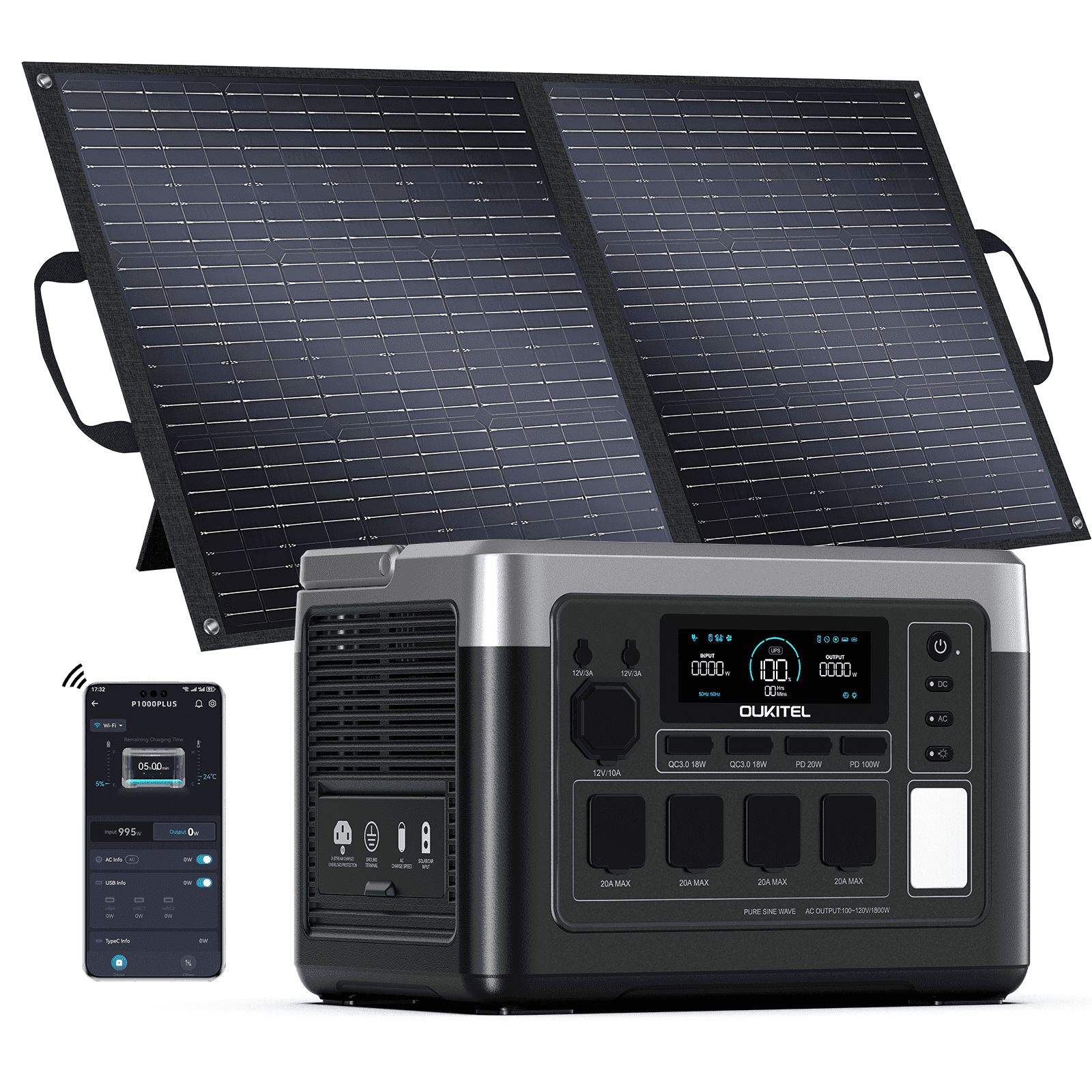OUKITEL P1000 Plus 1024Wh Solar Generator with 100W Panel, 1800W (3600W Peak) LiFePO4 Power ...