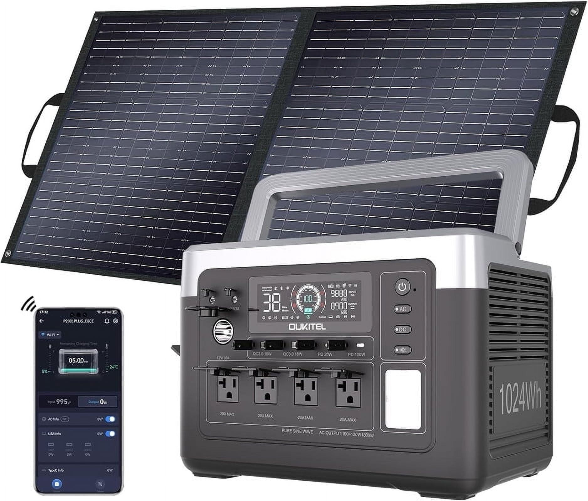 OUKITEL P1000 Plus 1024Wh Solar Generator with 100W Solar Panel, 1800W Portable Power Station ...